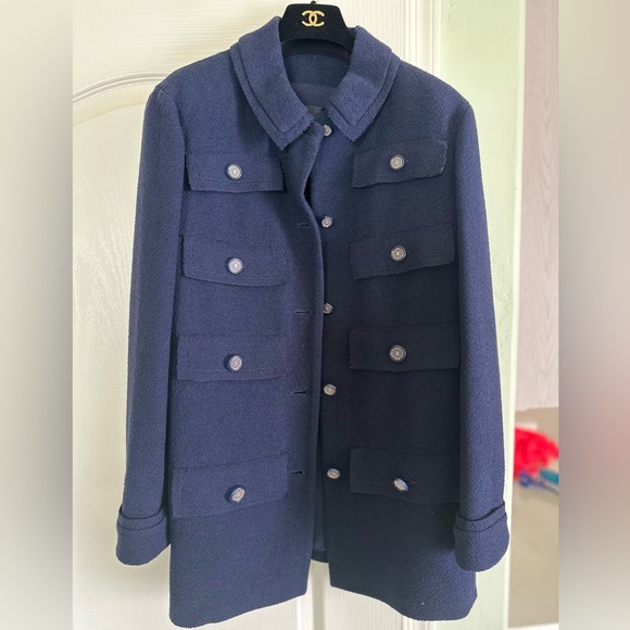 CHANEL | Jackets & Coats | Chanel Navy Tweed Jacket W Pockets | Poshmark